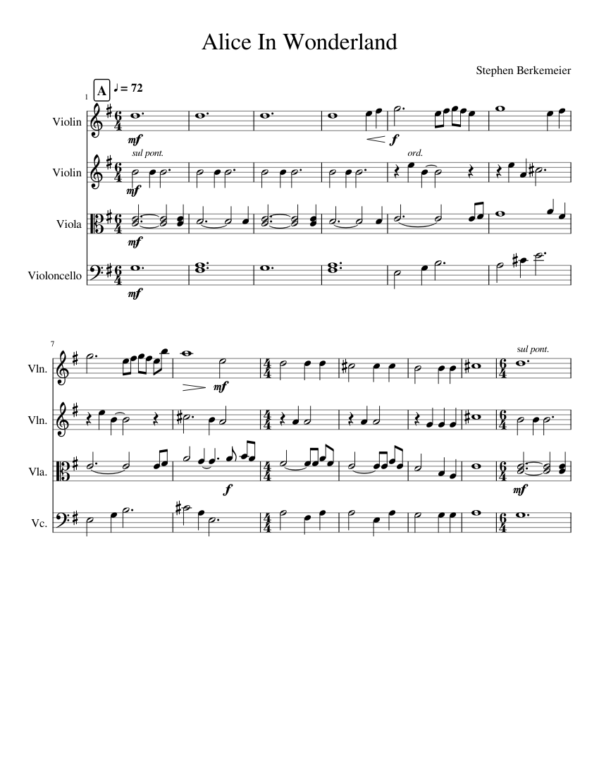 Alice In Wonderland Sheet Music for Violin, Viola, Cello (String ...
