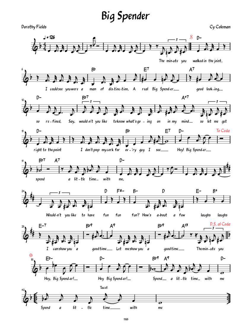 Big Spender (Lead sheet with lyrics ) Sheet music for Piano (Solo ...