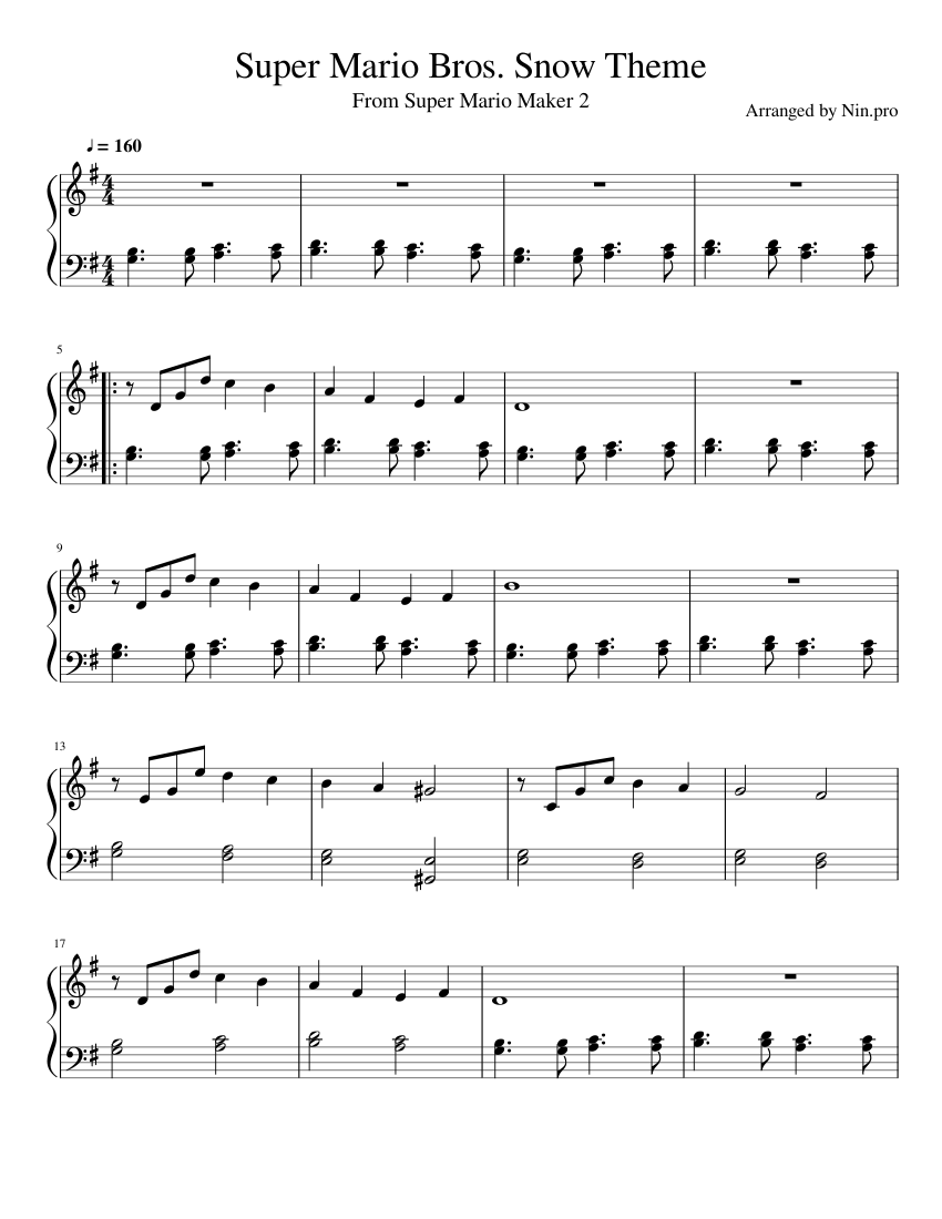 Super Mario Bros. Snow Theme / Mario Maker 2 Sheet Music for Piano ...