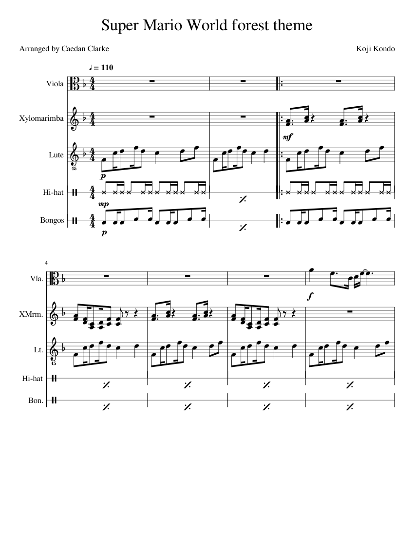 Super Mario World forest theme Sheet music for Viola, Bongo, Hi-hat ...