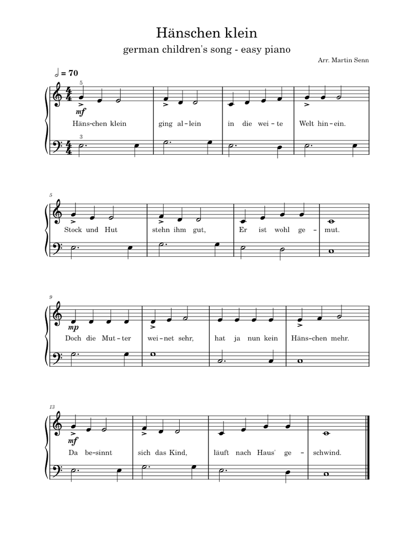 Hänschen Klein – Germany Folk Song Sheet music for Piano (Solo ...