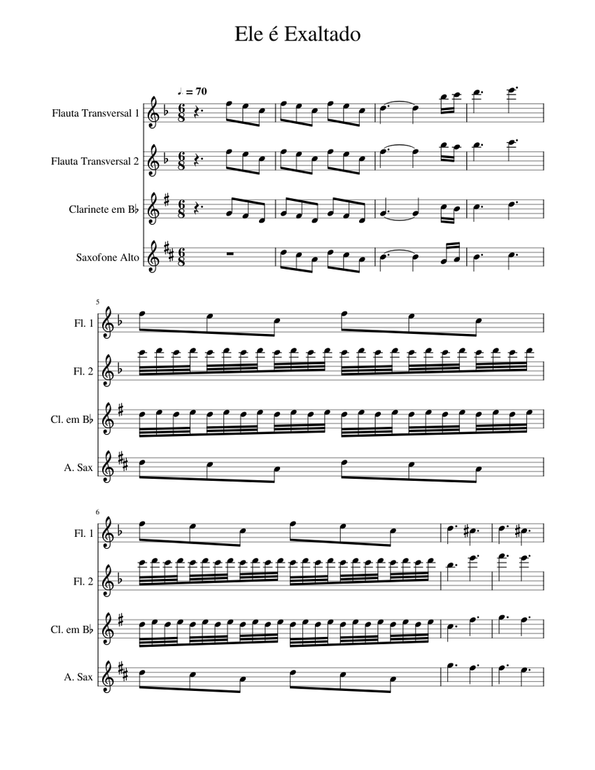 Ele é Exaltado Sheet Music for Flute, Clarinet in b-flat, Saxophone ...
