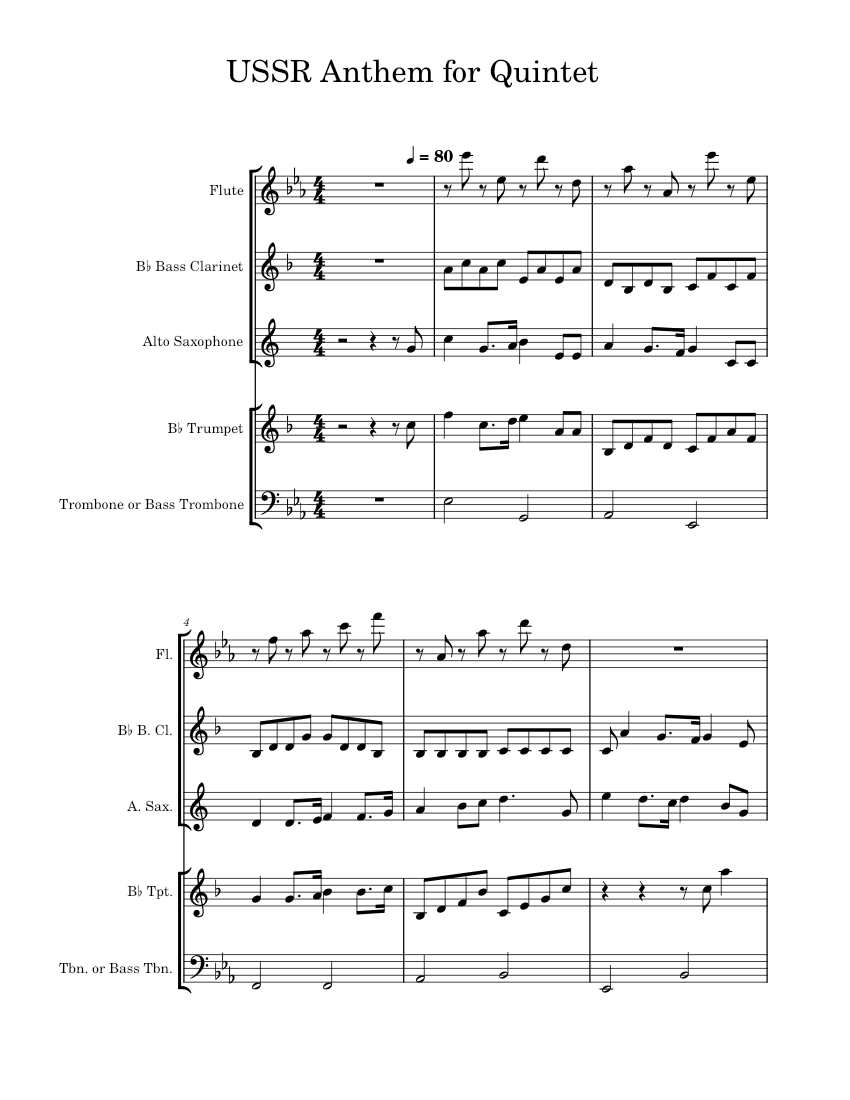 USSR Anthem for Quintet Sheet music for Trombone, Flute, Clarinet bass ...