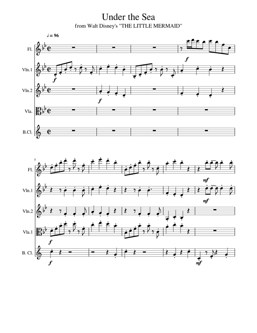 Under the Sea Sheet Music for Flute, Clarinet bass, Violin, Viola ...