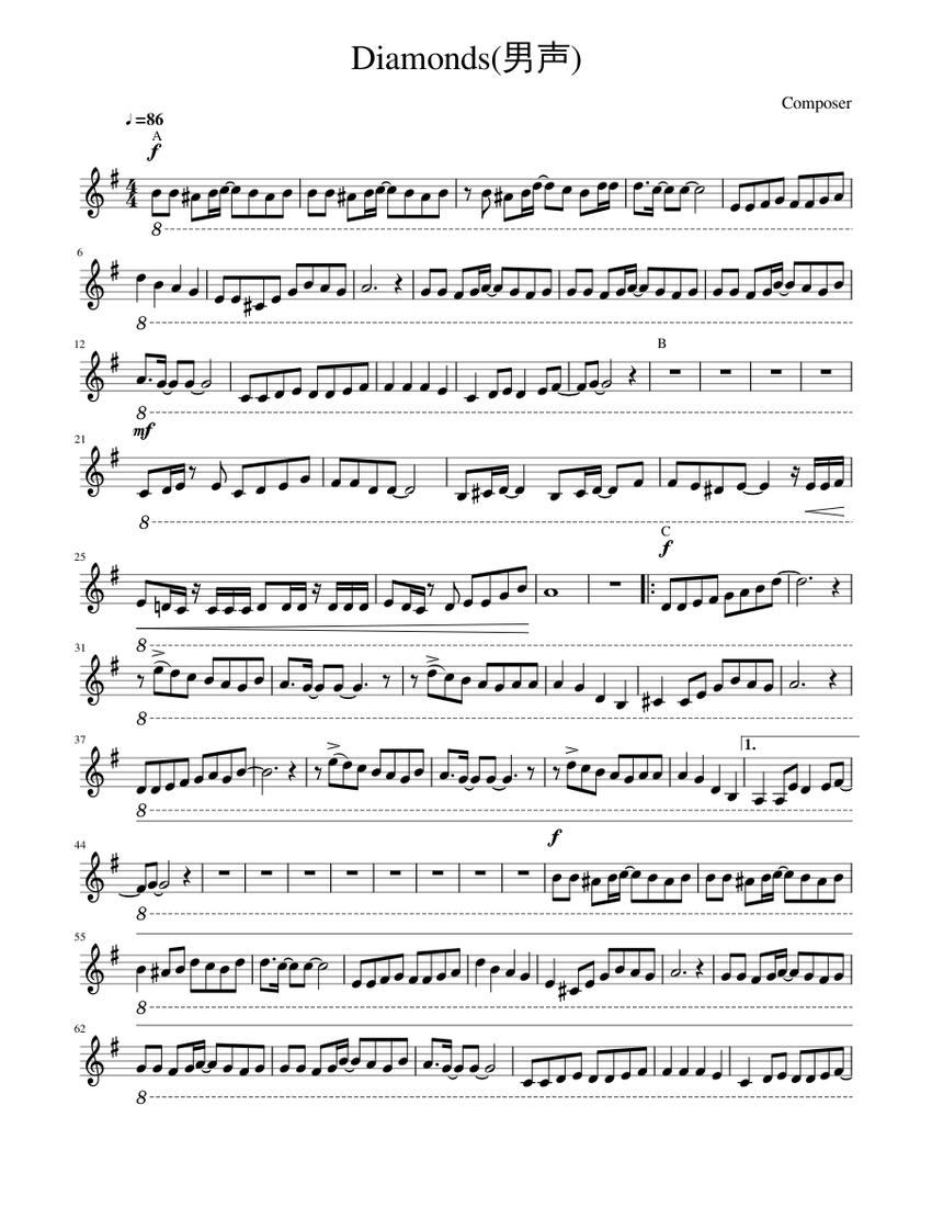 diamonds（男声） Sheet Music for Piano (Solo) Easy | MuseScore.com