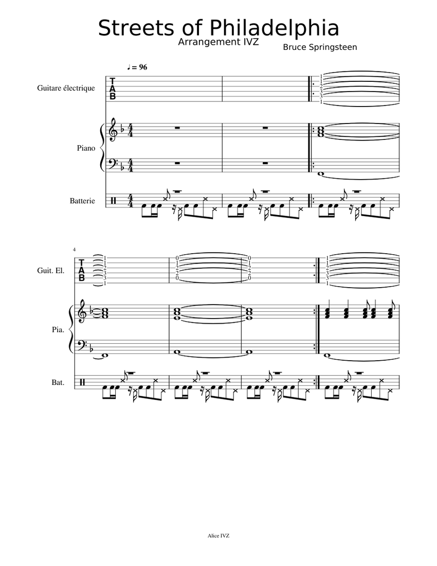 Streets of Philadelphia Sheet Music and Tab for Piano, Guitar, Drum ...
