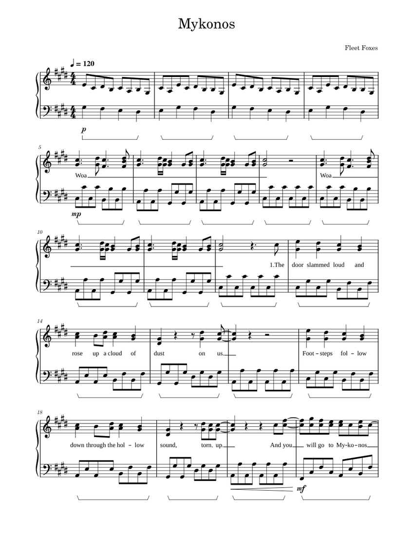 Mykonos - Fleet Foxes Sheet Music for Piano (Solo) | MuseScore.com