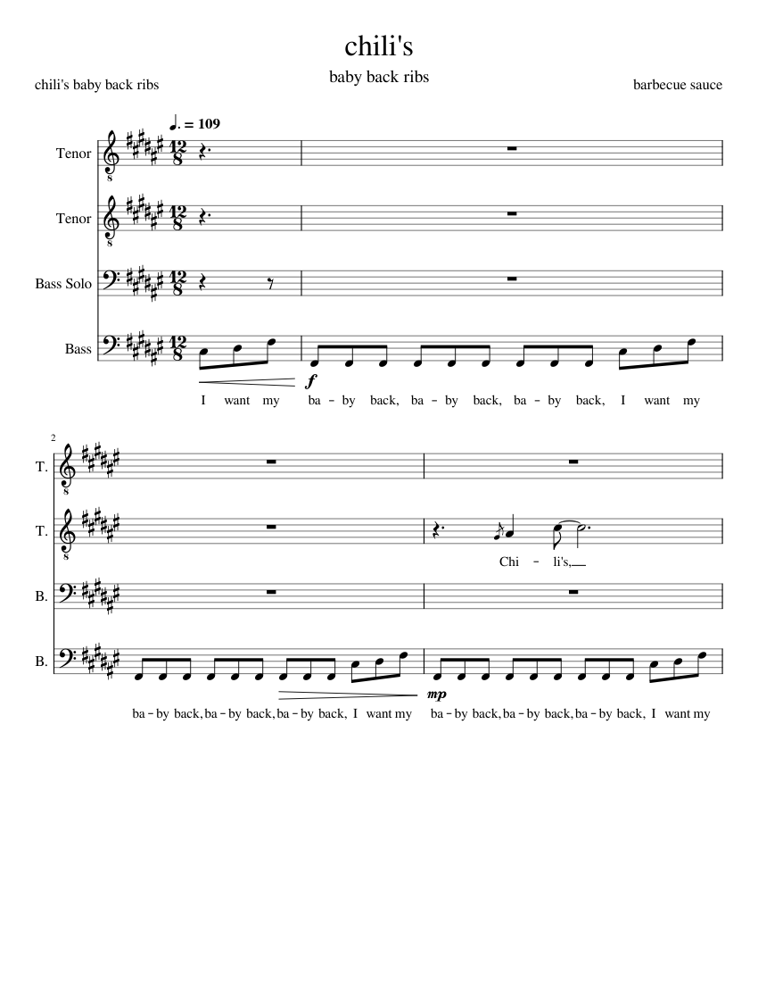 Chili's Baby Back Ribs Sheet music for Tenor, Bass voice (Men’s Choir ...