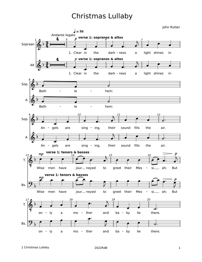 Christmas lullaby – John Rutter Sheet music for Soprano, Alto, Tenor ...
