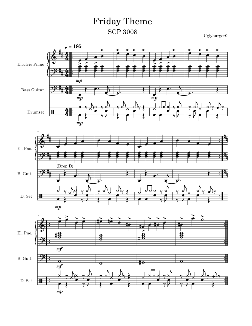 Friday Theme – Uglyburger0 Sheet music for Piano, Bass guitar, Drum ...