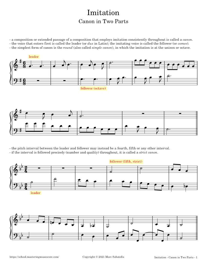 Imitation: Canon in Two Parts Sheet music for Piano (Solo) Easy ...