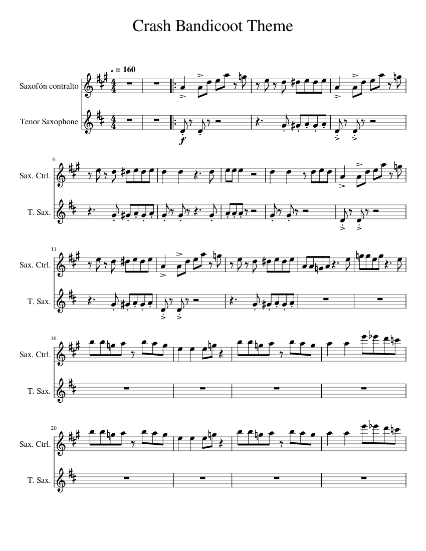 Crash Bandicoot Theme Sheet Music for Saxophone alto, Saxophone tenor ...