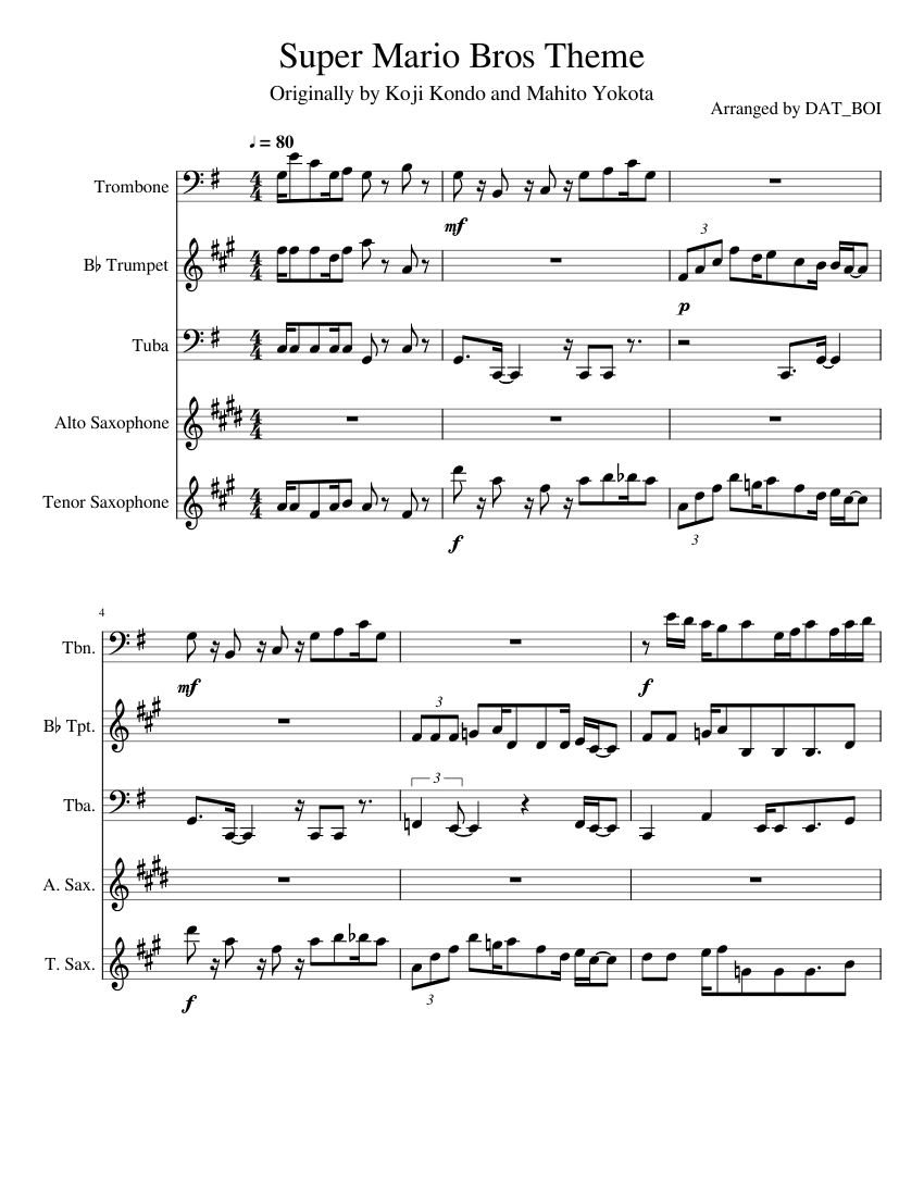 Super Mario Bros Theme Wind Ensemble Sheet music for Trombone, Tuba ...