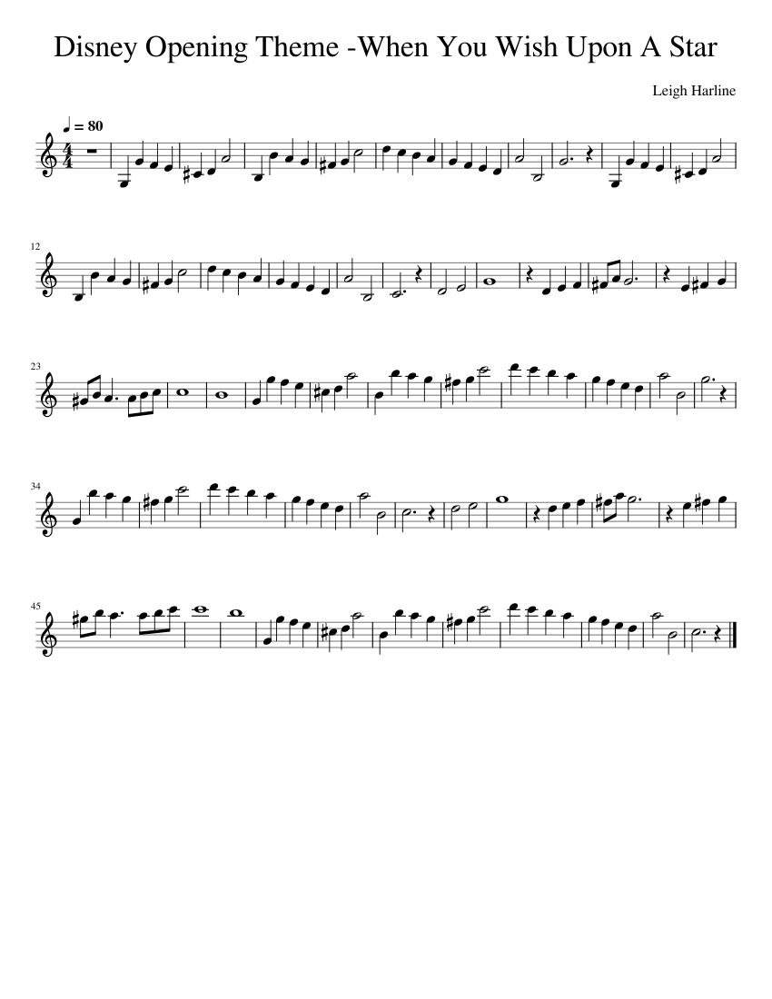 Disney Opening Theme -When You Wish Upon A Star Sheet Music for Violin ...