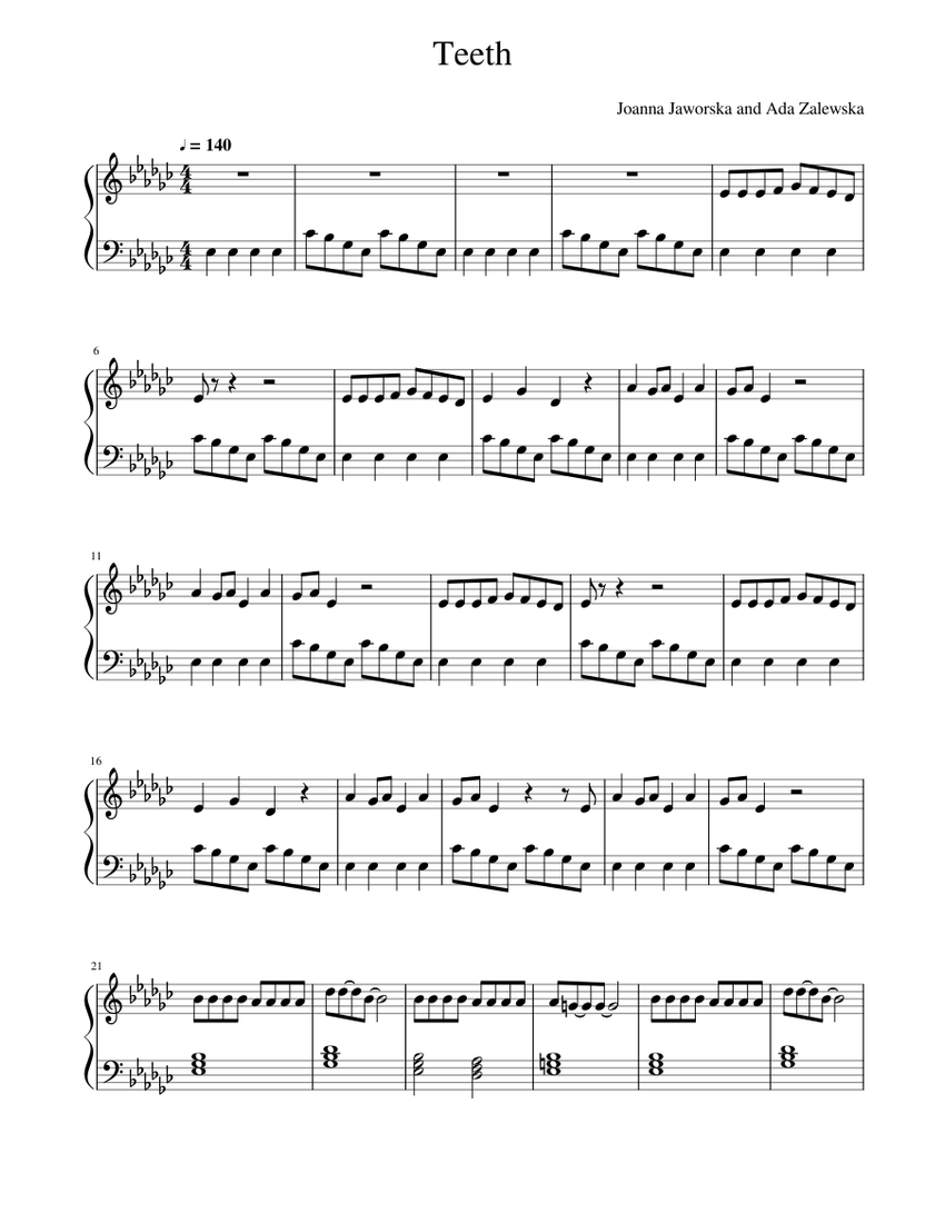Teeth Sheet Music for Piano (Solo) Easy | MuseScore.com