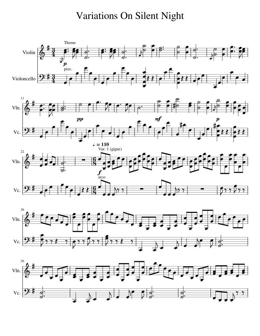 Variations On Silent Night Sheet music for Violin, Cello (String Duet ...