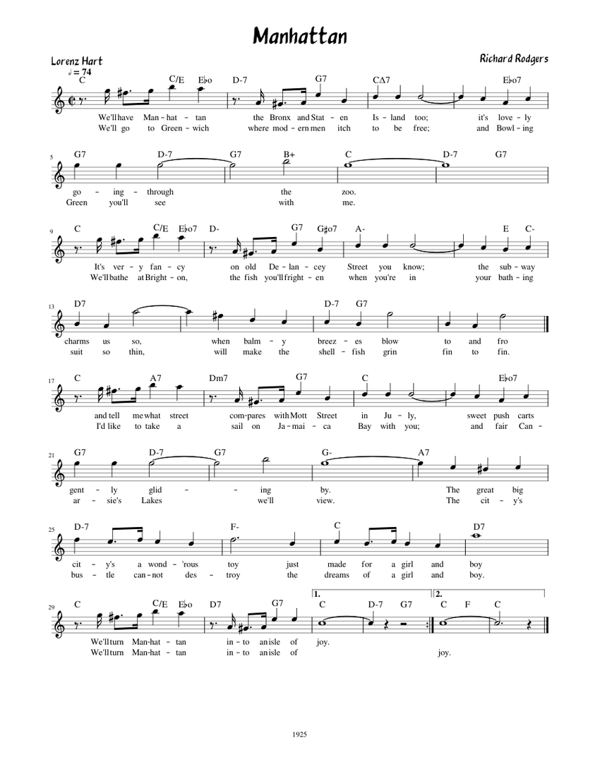 Manhattan (Lead sheet with lyrics ) Sheet Music with Chords for Voice ...