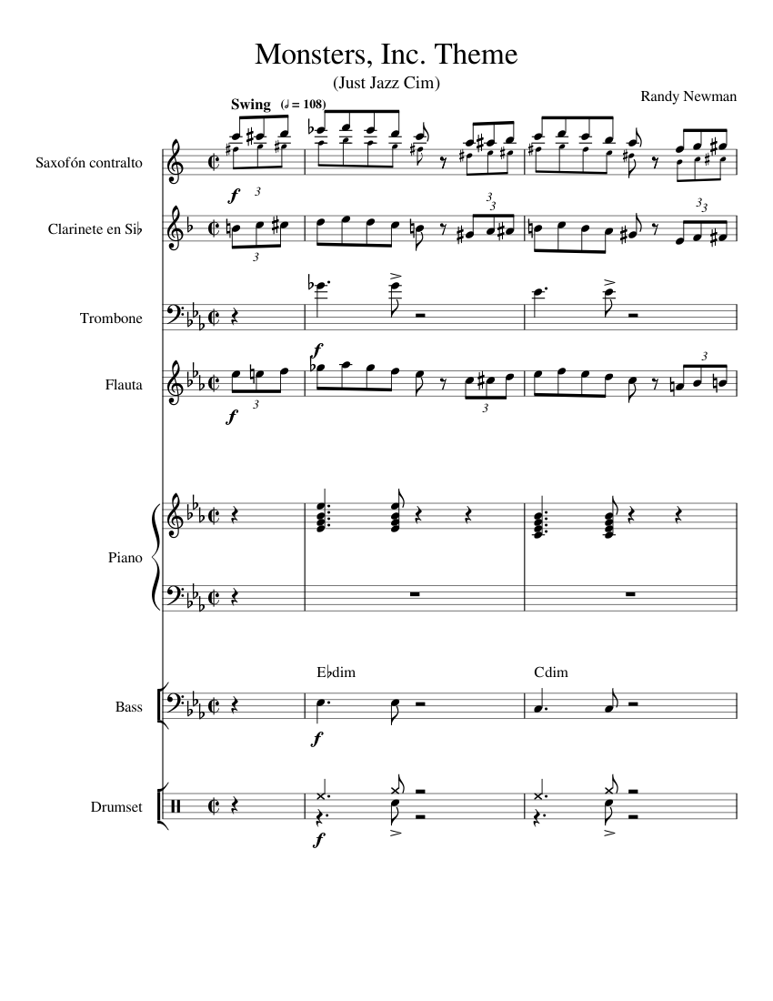 Monsters, Inc. Theme Sheet music for Piano, Trombone, Flute, Clarinet ...