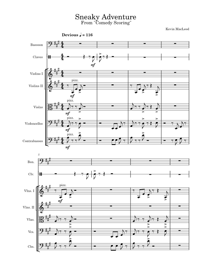 Sneaky Adventure – Kevin MacLeod Sheet music for Bassoon, Drum group ...
