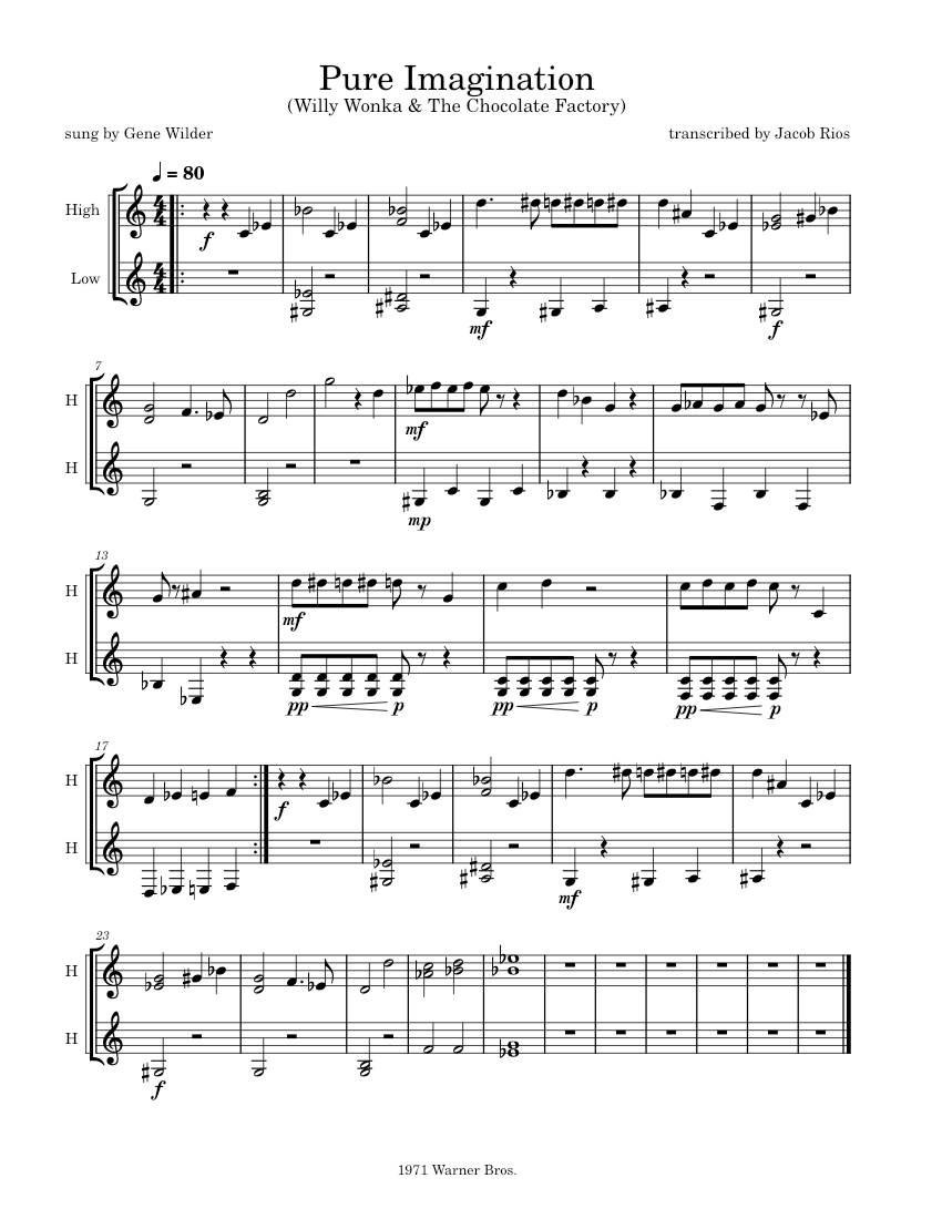 Pure Imagination (from Willy Wonka & the Chocolate Factory) Sheet music ...