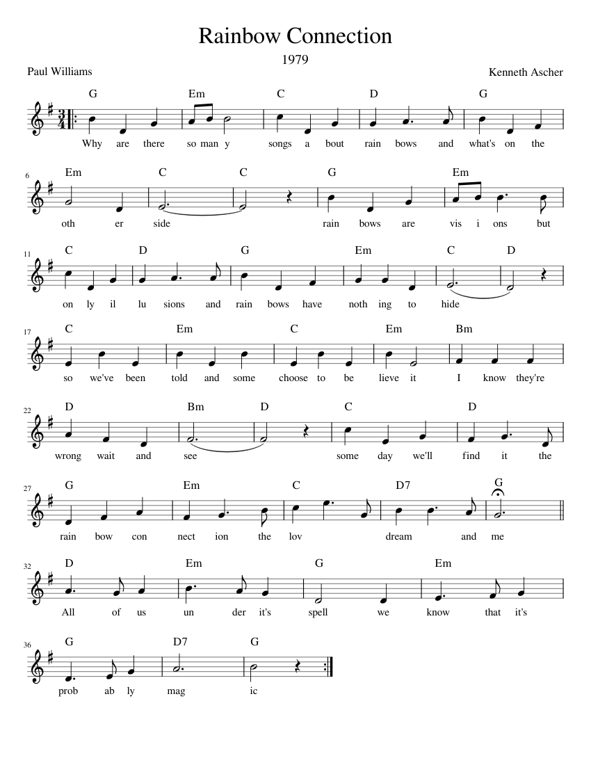 The Muppet Movie - Rainbow Connection – Misc Soundtrack Sheet Music for ...