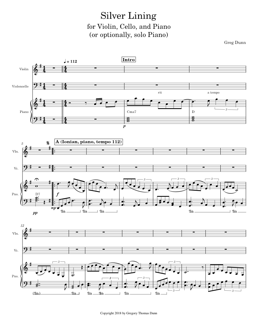 Silver Lining Sheet Music with Chords for Piano, Violin, Cello (Piano ...