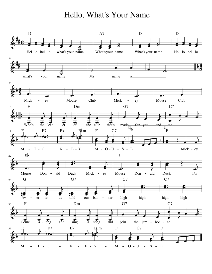 Hello, What's Your Name Sheet Music with Chords for Piano (Solo) Easy ...
