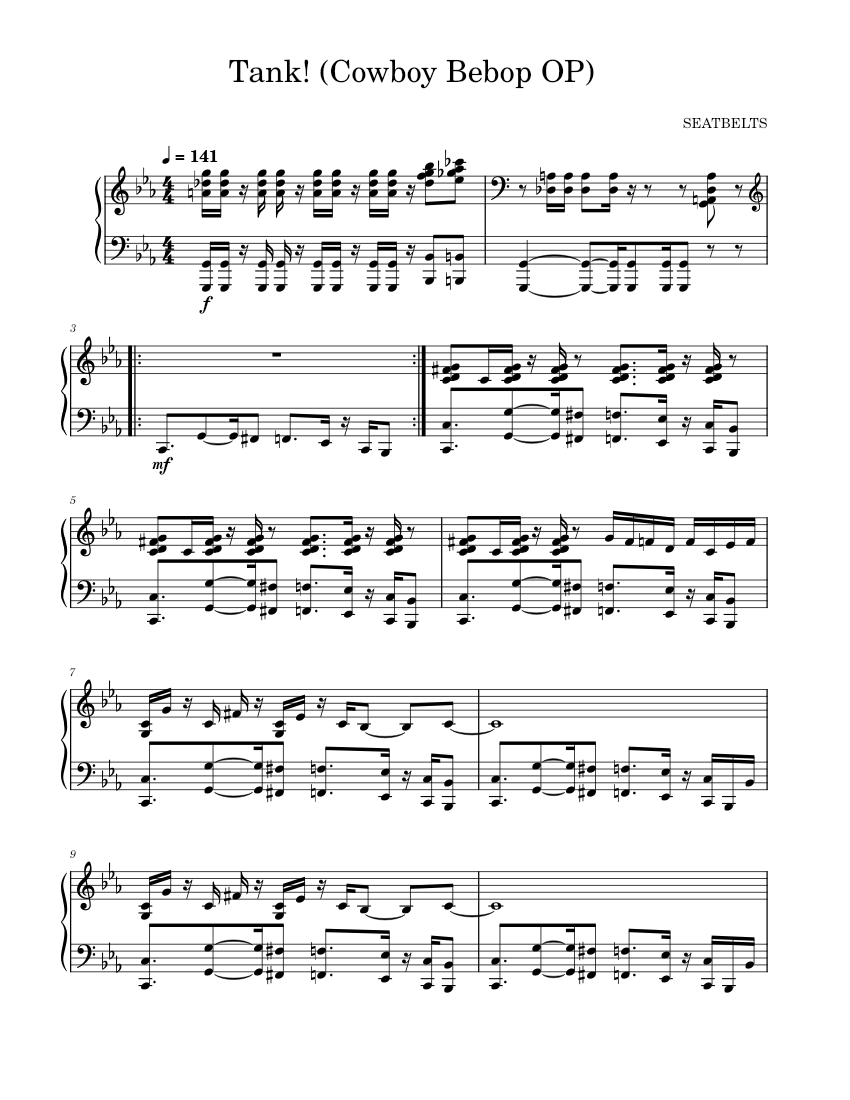 Tank! (Cowboy Bebop Opening) – Yoko Kanno Sheet Music for Piano (Solo ...