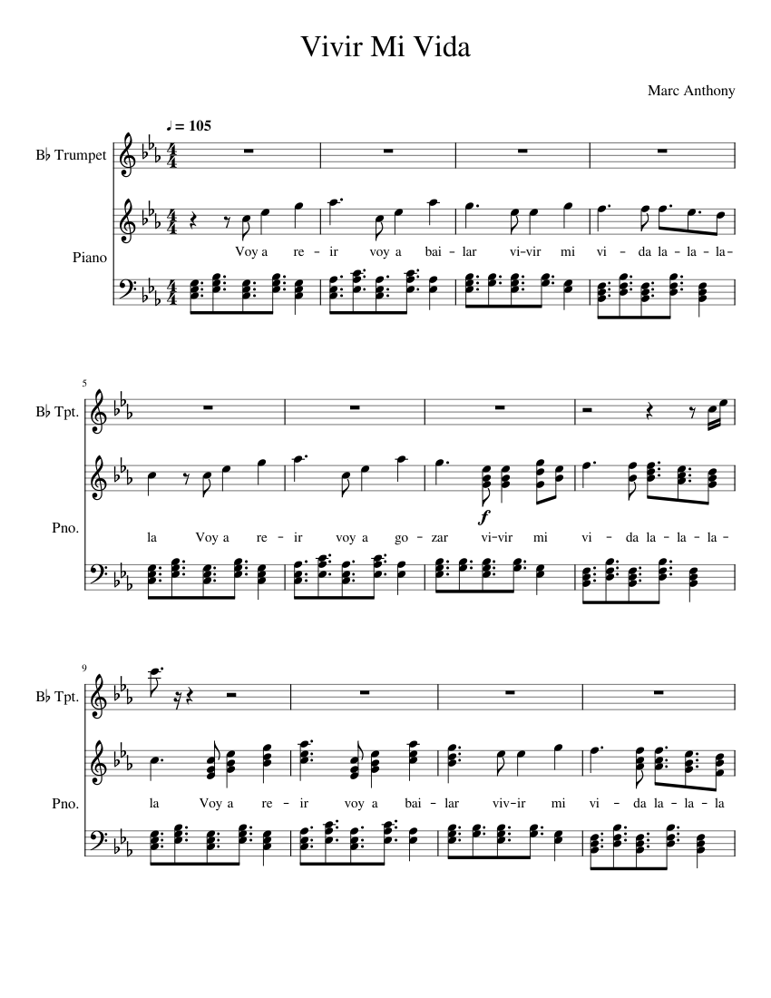 Marc Anthony - Vivir Mi Vida Sheet Music for Piano, Trumpet in b-flat ...