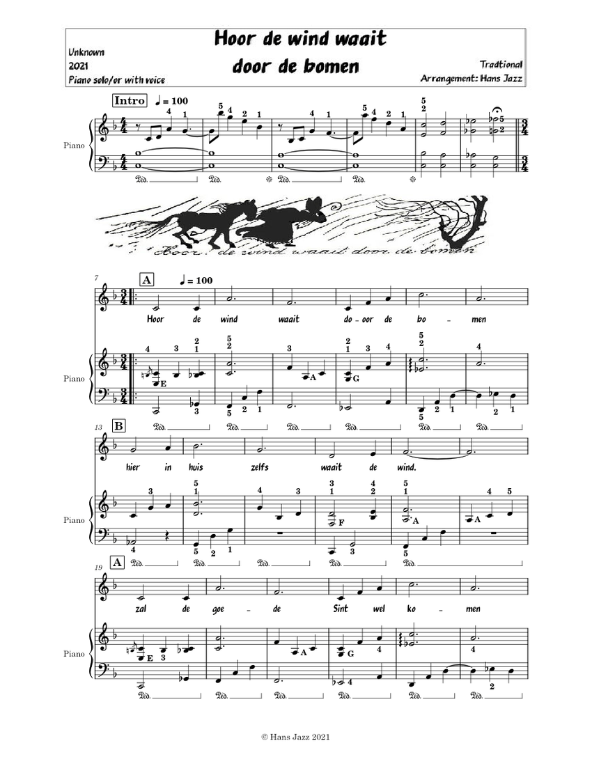 Hoor de wind waait door de bomen Easy Piano Sheet music for Piano ...