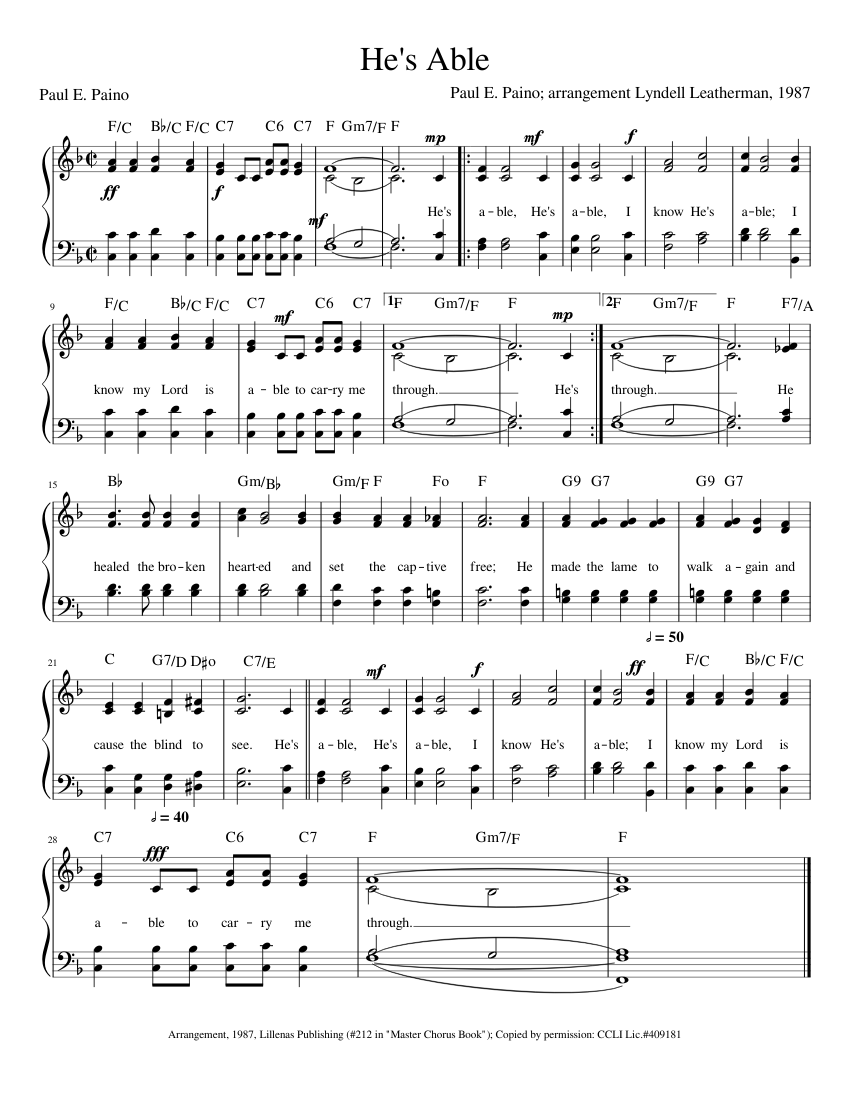 He's Able Sheet Music with Chords for Piano (Solo) Easy | MuseScore.com