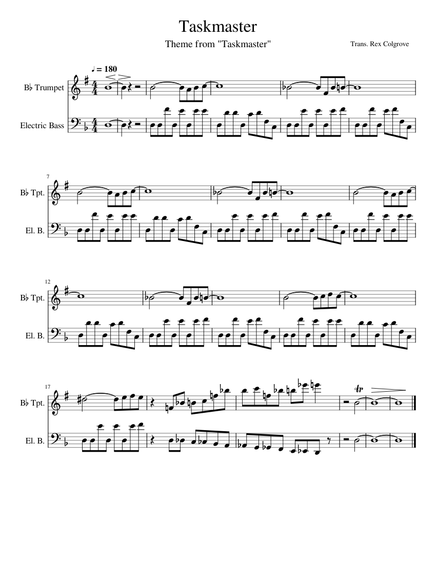 Taskmaster theme Sheet Music for Trumpet in b-flat, Bass guitar (Mixed ...