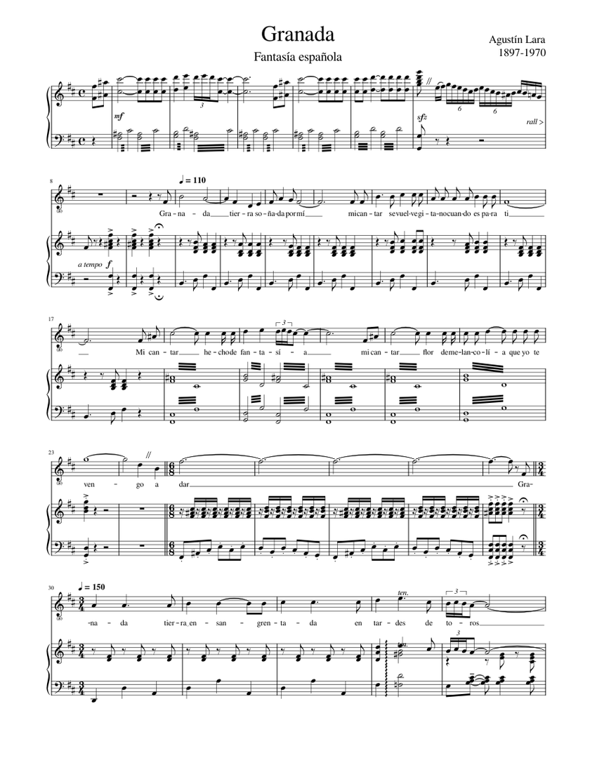 Granada – Agustín Lara Sheet music for Piano, Vocals (Piano-Voice ...
