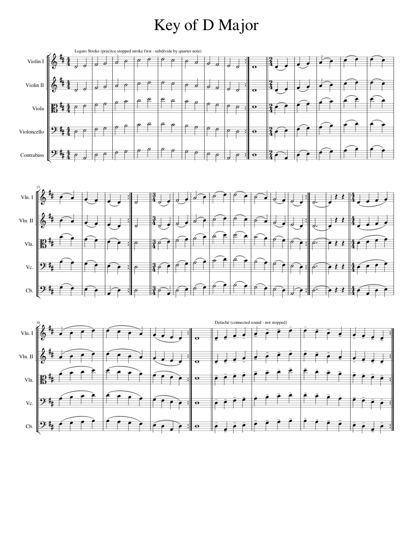 Key of D Major Sheet music for Contrabass, Violin, Viola, Cello (String ...
