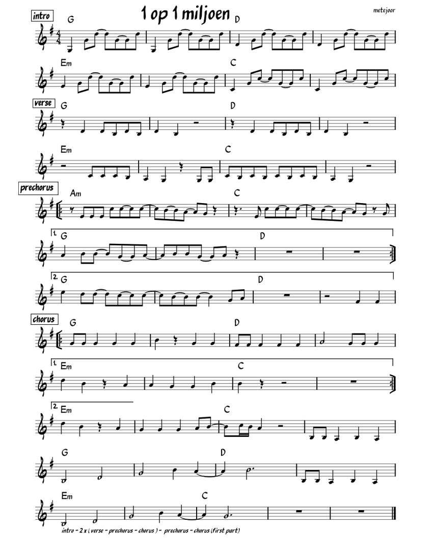 1 op een miljoen – Metejoor metejoor – Leadsheet Sheet music for Piano ...