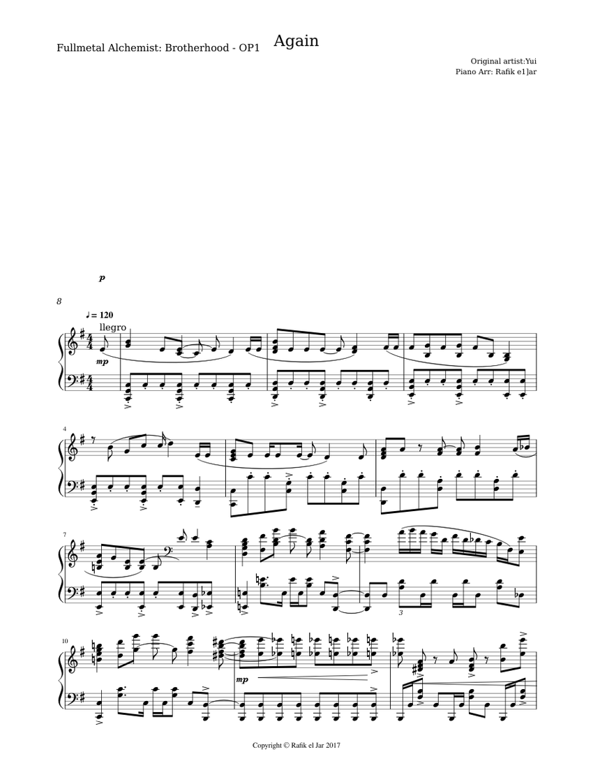 Again-Yui Sheet music for Piano (Solo) | Musescore.com