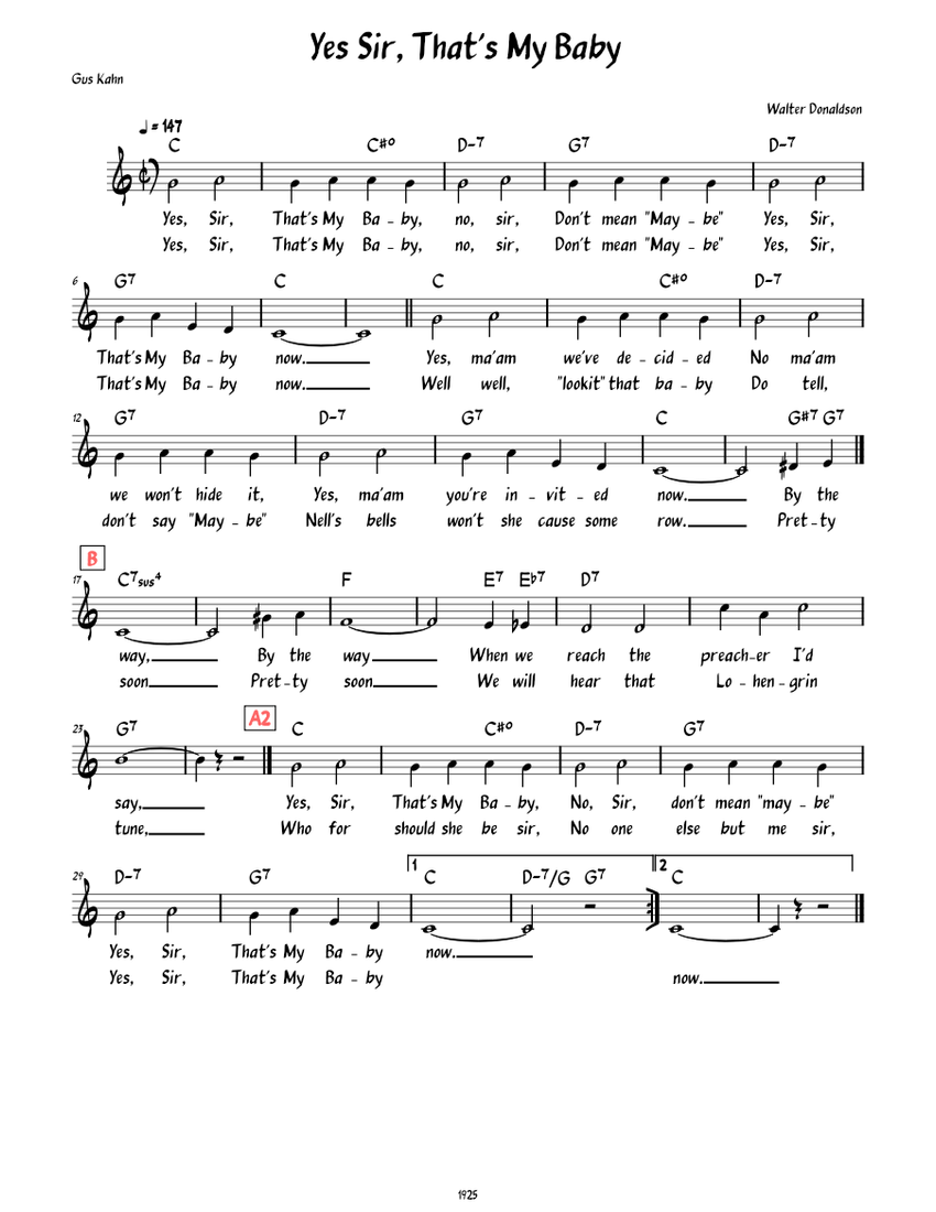 Yes Sir, That's My Baby (Lead sheet with lyrics ) - piano tutorial