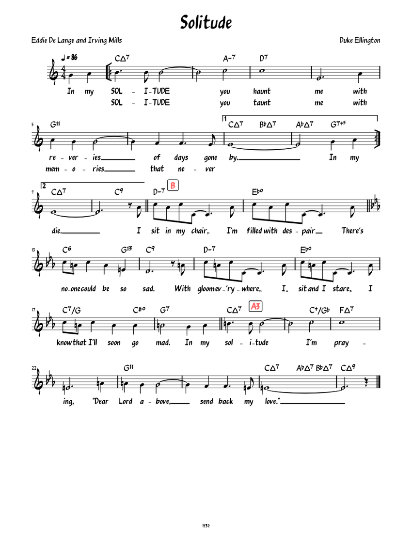 Solitude (Lead sheet with lyrics ) Sheet Music for Piano (Solo) Easy | MuseScore.com