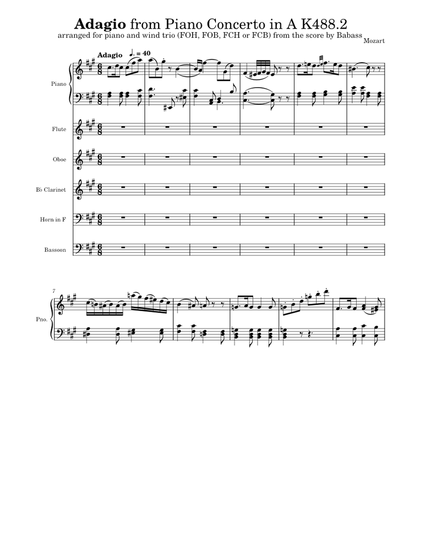Adagio from Piano Concerto No.23 in A major, K.488 – Wolfgang Amadeus Mozart Sheet Music for ...