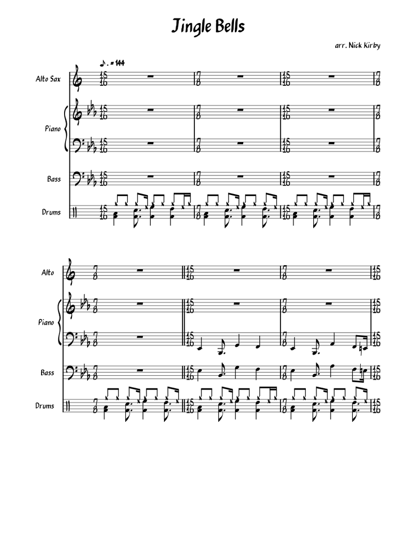 Jingle Bells Sheet Music for Piano, Saxophone alto, Bass guitar, Drum ...