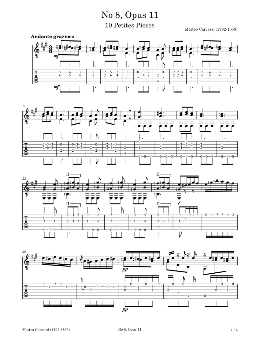 No 8, Opus 11-Matteo Carcassi-TABs Sheet music for Guitar (Solo ...