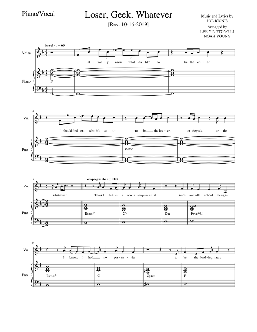 Loser Geek Whatever Sheet Music for Piano, Vocals (Piano-Voice ...