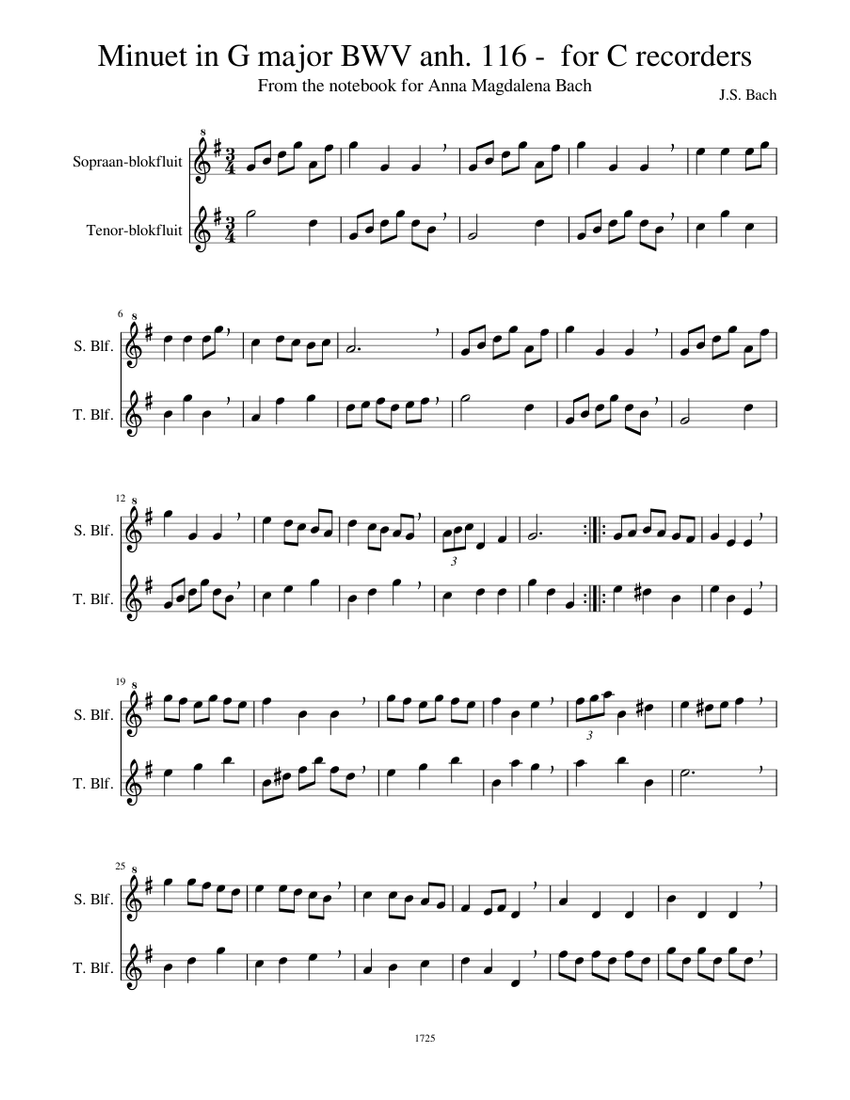 Minuet in G major BWV anh. 116 - for C recorders Sheet Music for ...