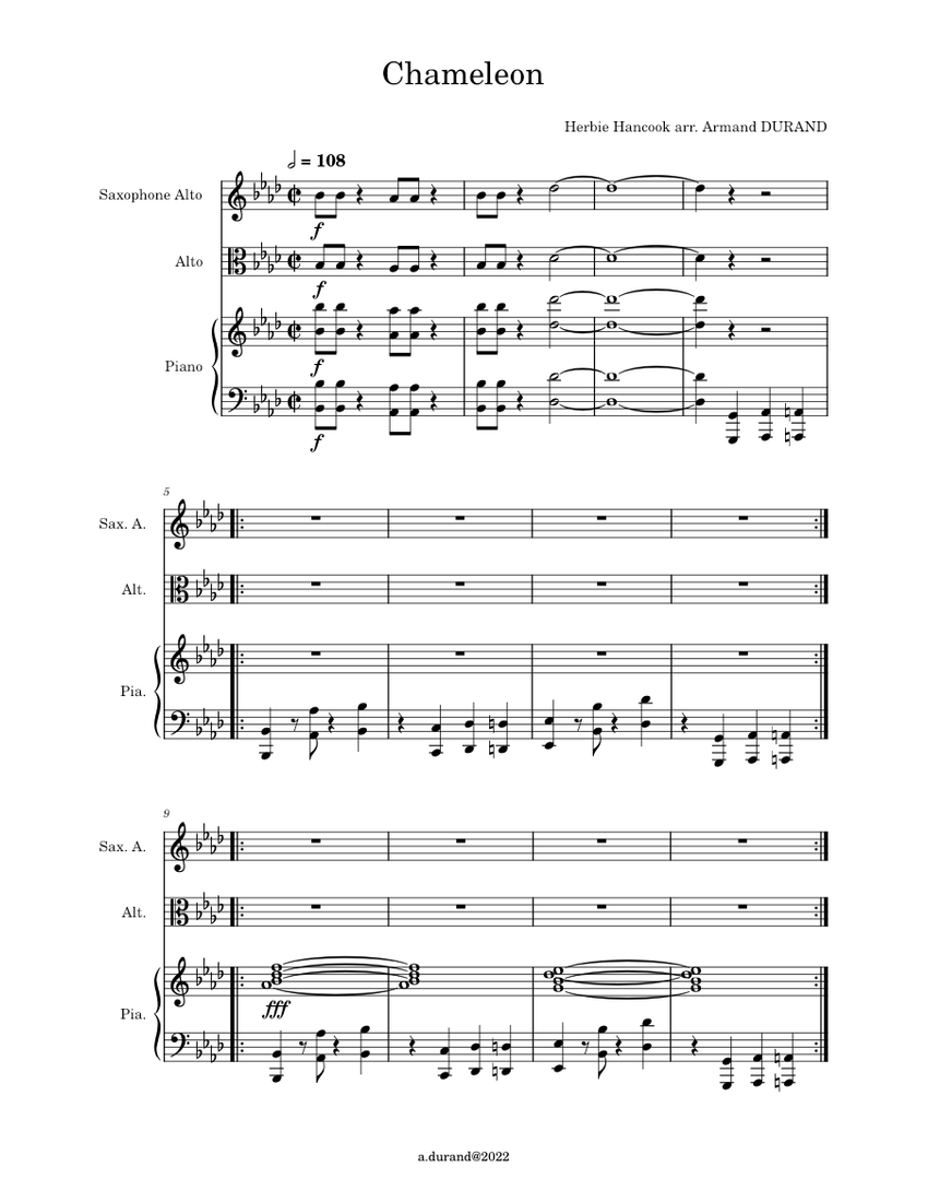 Chameleon – Herbie Hancock Sheet music for Piano, Saxophone alto, Viola ...
