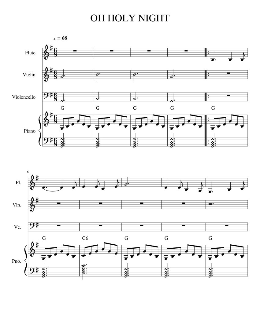 OH HOLY NIGHT Sheet music for Piano, Flute, Violin, Cello (Mixed ...