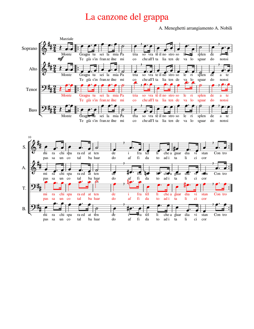 La canzone del grappa Sheet Music for Soprano, Alto, Tenor, Bass voice ...