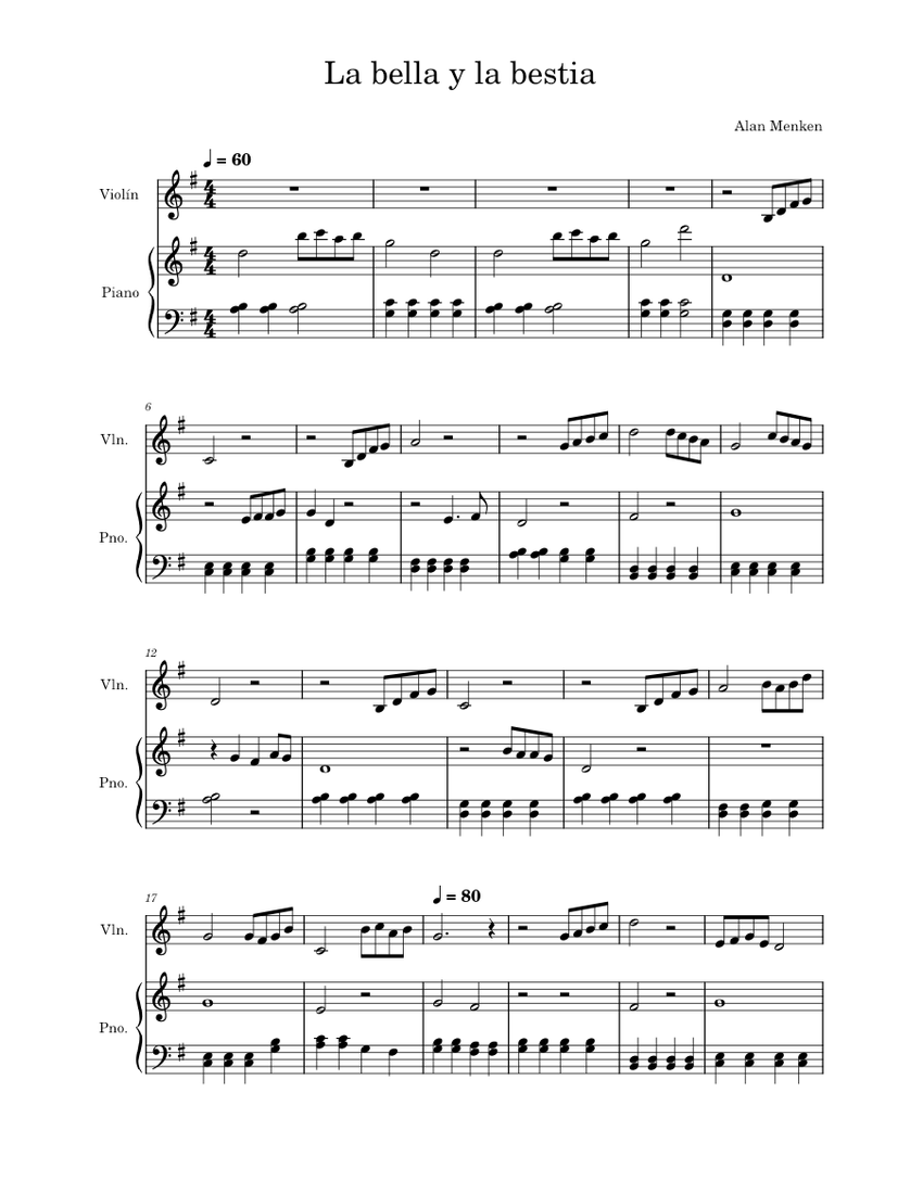 La bella y la bestia Sheet music for Piano, Violin (Solo) | Musescore.com