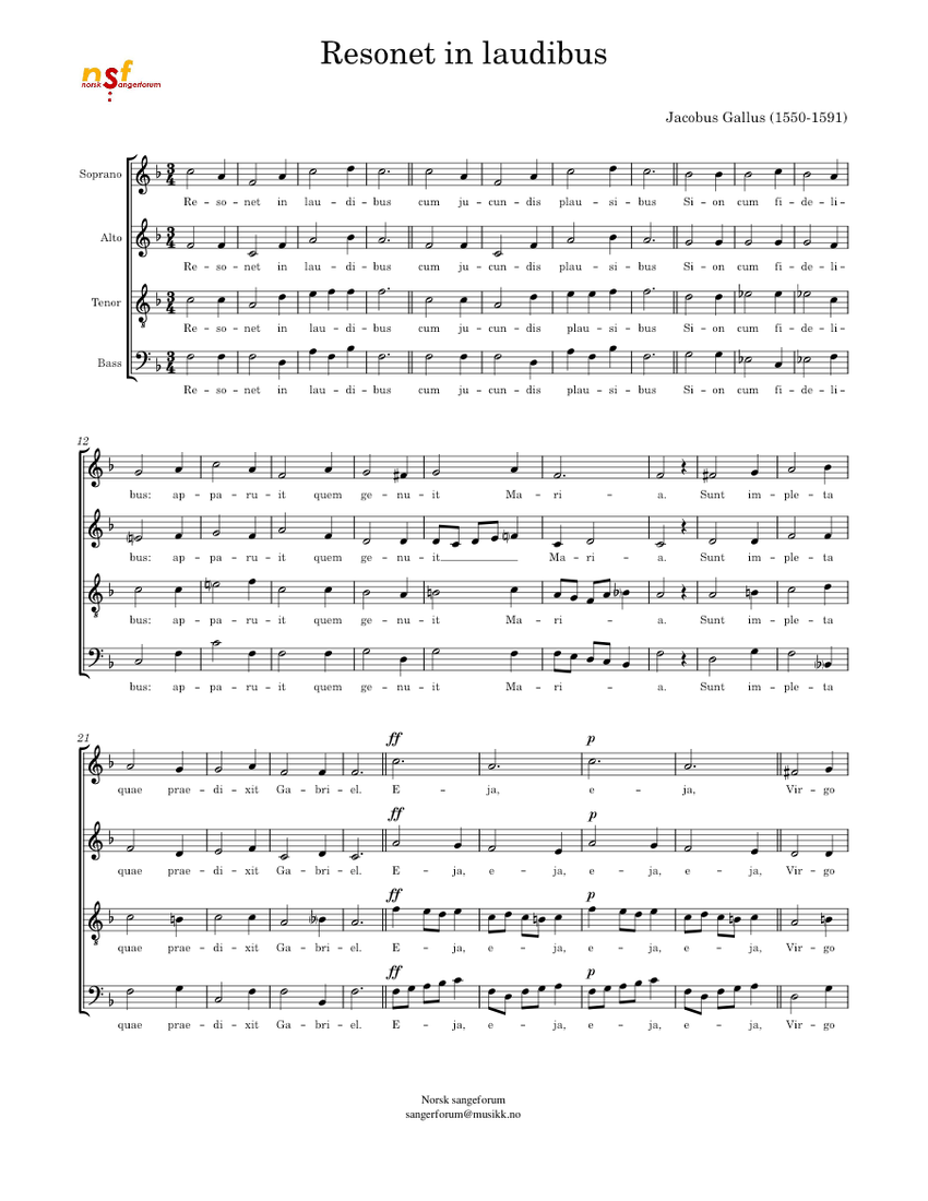 Resonet in laudibus – Jacob Handl Sheet Music for Soprano, Alto, Tenor ...