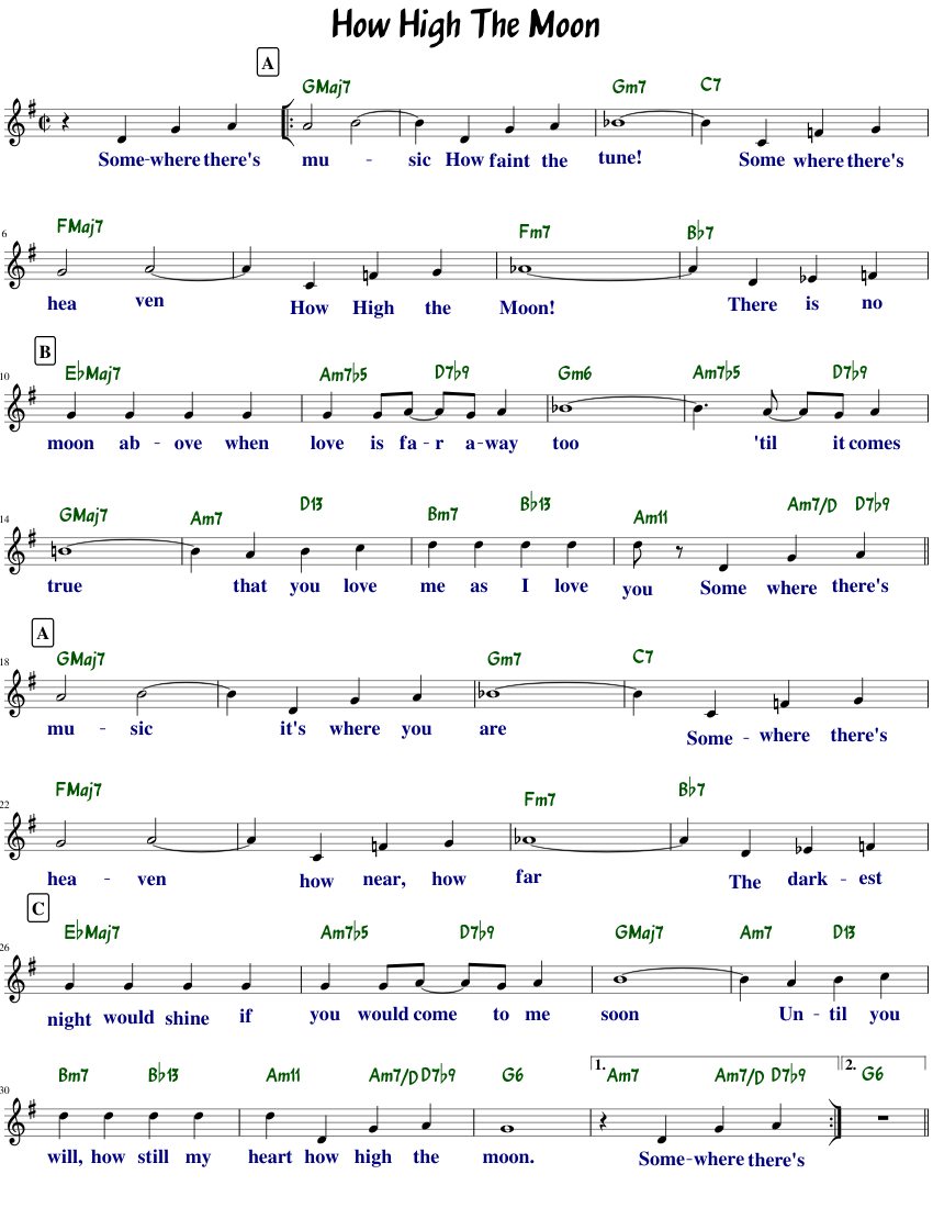 How high the moon (lead sheet with lyrics) Sheet Music with Chords for ...
