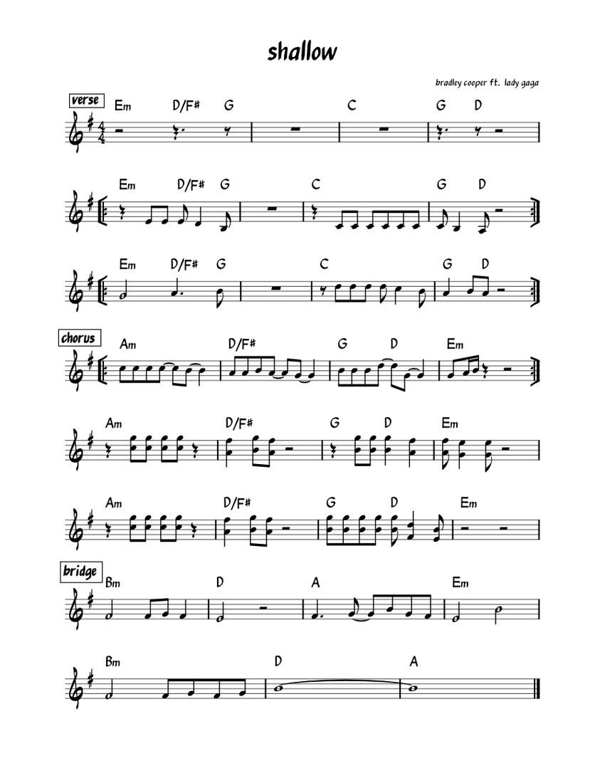 Shallow – Lady Gaga Sheet music for Piano (Solo) Easy | Musescore.com